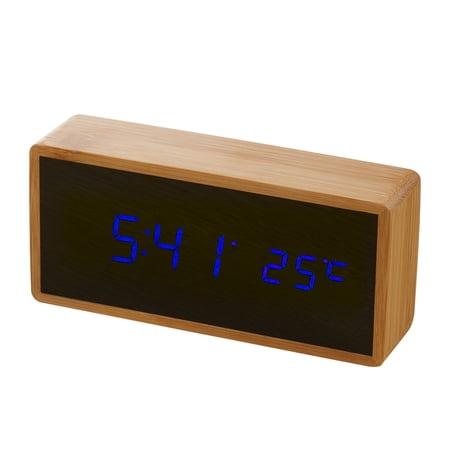 Digital LED Bamboo Alarm Clock Wooden Rectangle Clock Multifunctional ...