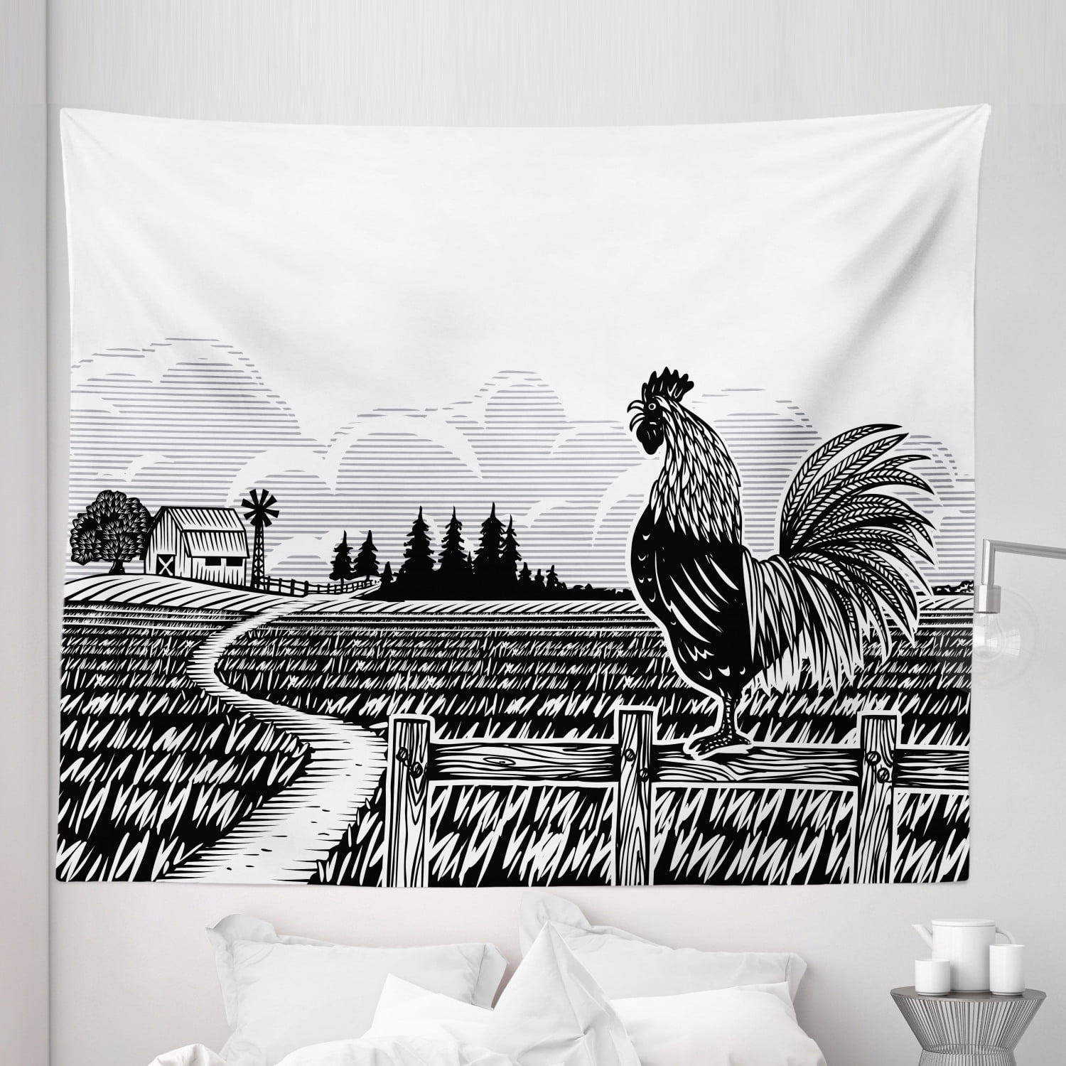 Rooster Tapestry, Vintage Woodcut Style Farmland Scenery Field Rural ...