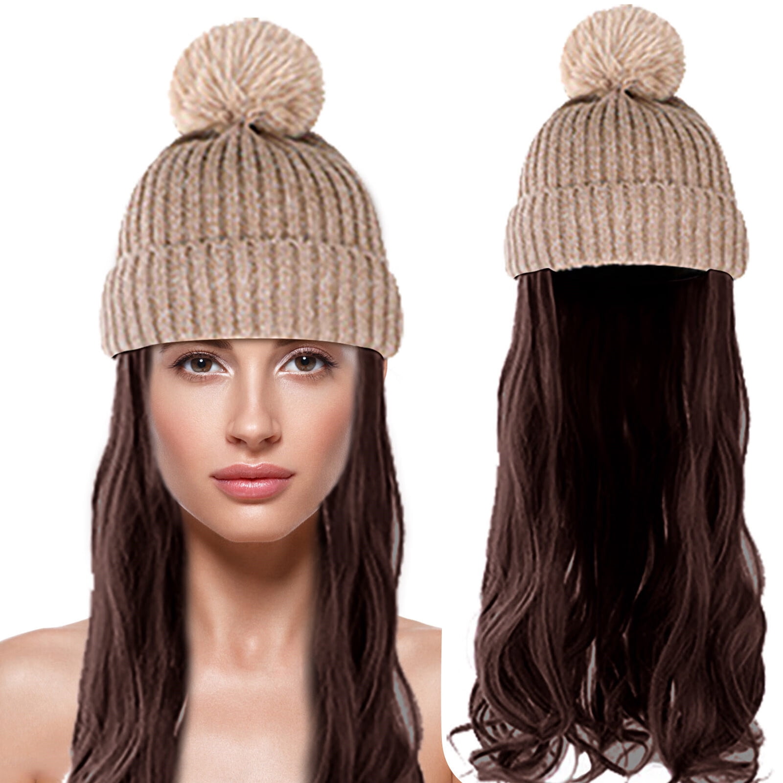 DOPI Beanie Hat Knit With Long Wavy Curly Hair Extensions Wig ...