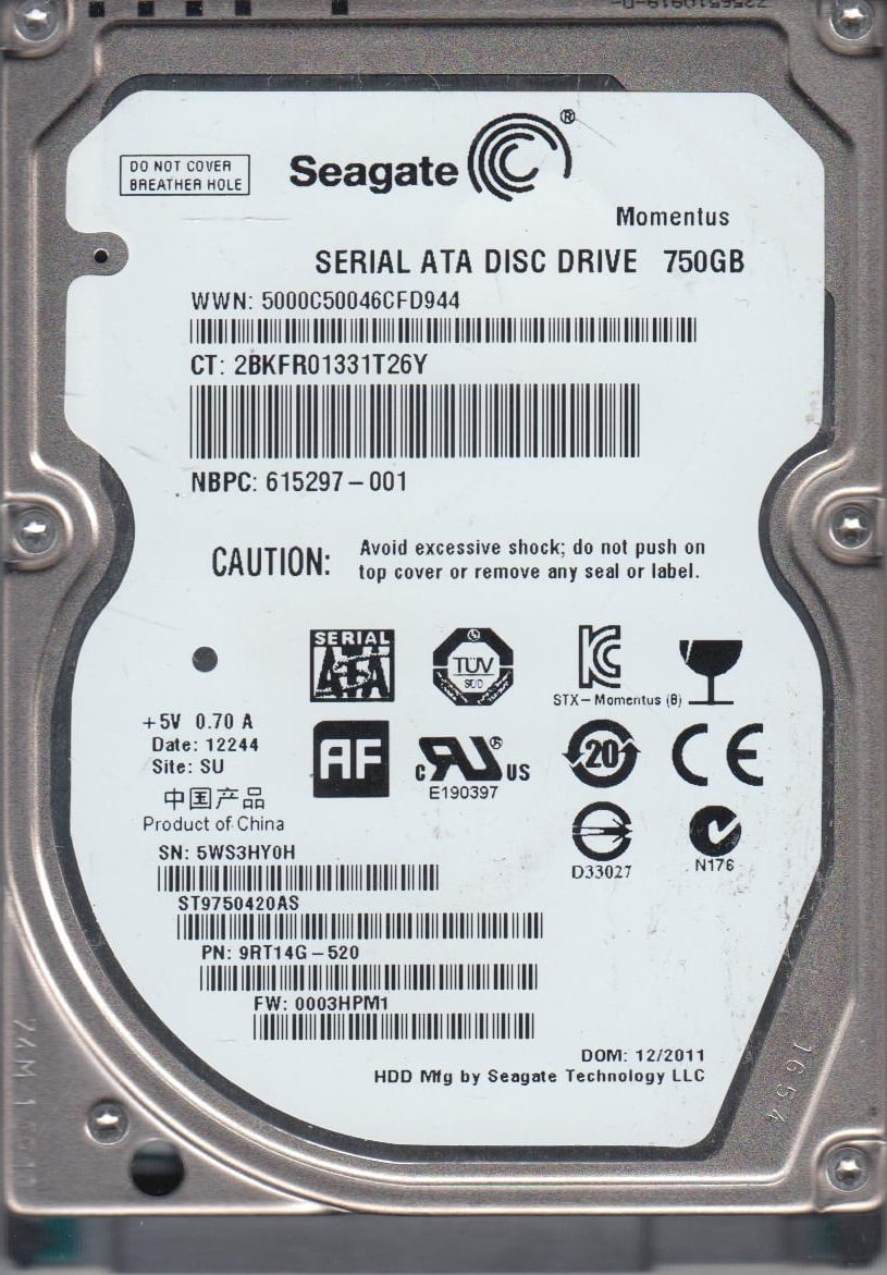 ST9750420AS, 5WS, SU, PN 9RT14G-520, FW 0003HPM1, Seagate 750GB SATA 2. ...