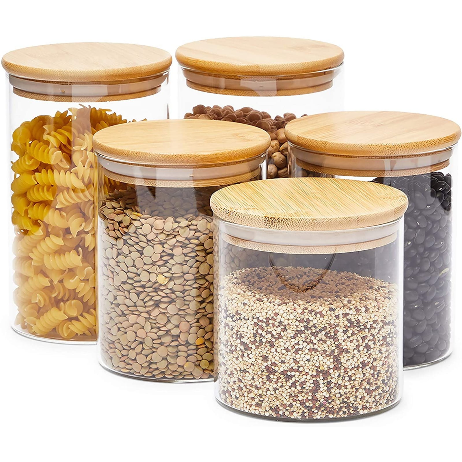 5-Pack Glass Canisters with Bamboo Lids, 3 Sizes for Pantry Storage ...