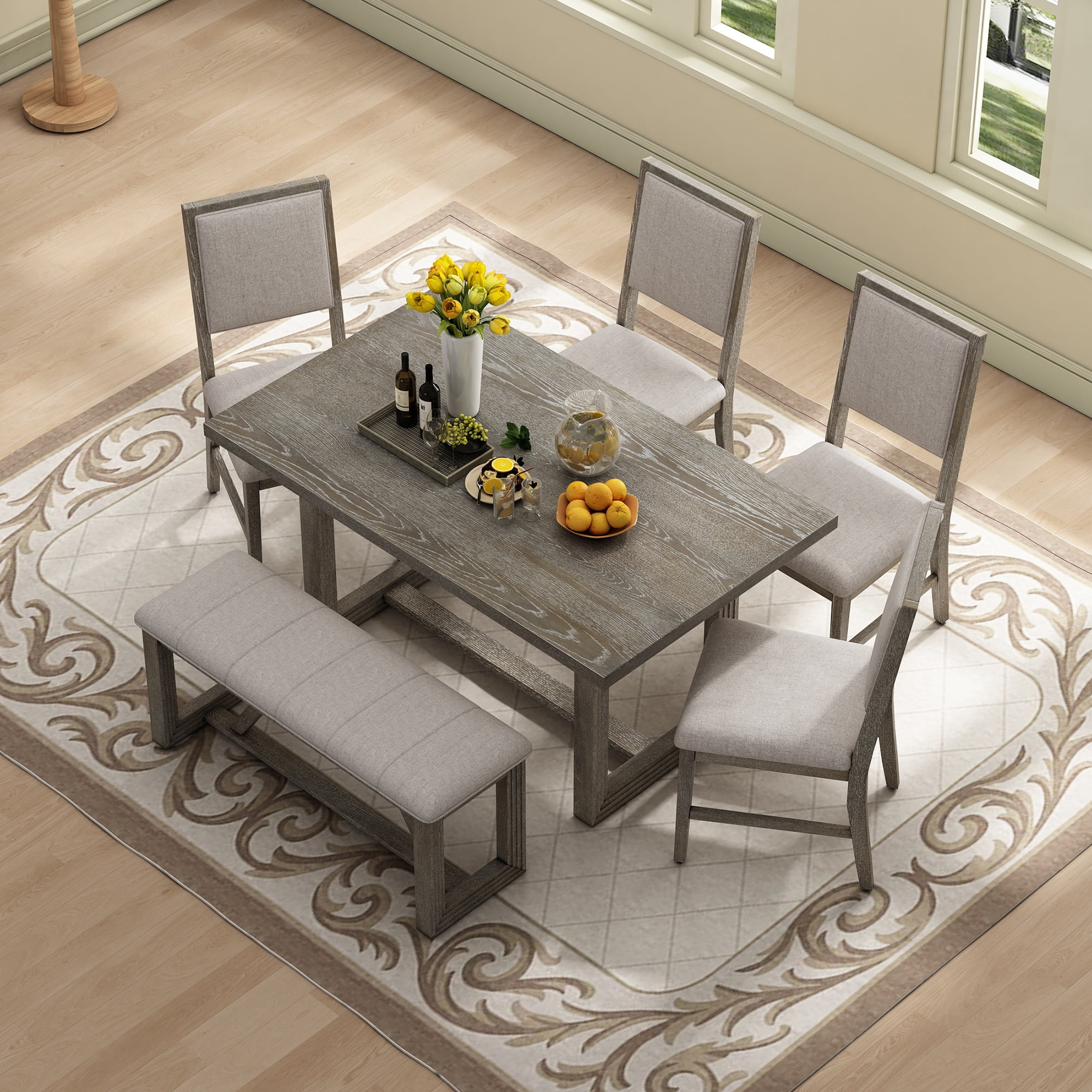 Dining Table Set for 6 TUANLUO 6 Piece Dining Table Set Dining Room Set with Upholstered Bench and 4 Chairs Wood Dining Table Set Furniture for Kitchen Dining Room Apartment Gray Walmart