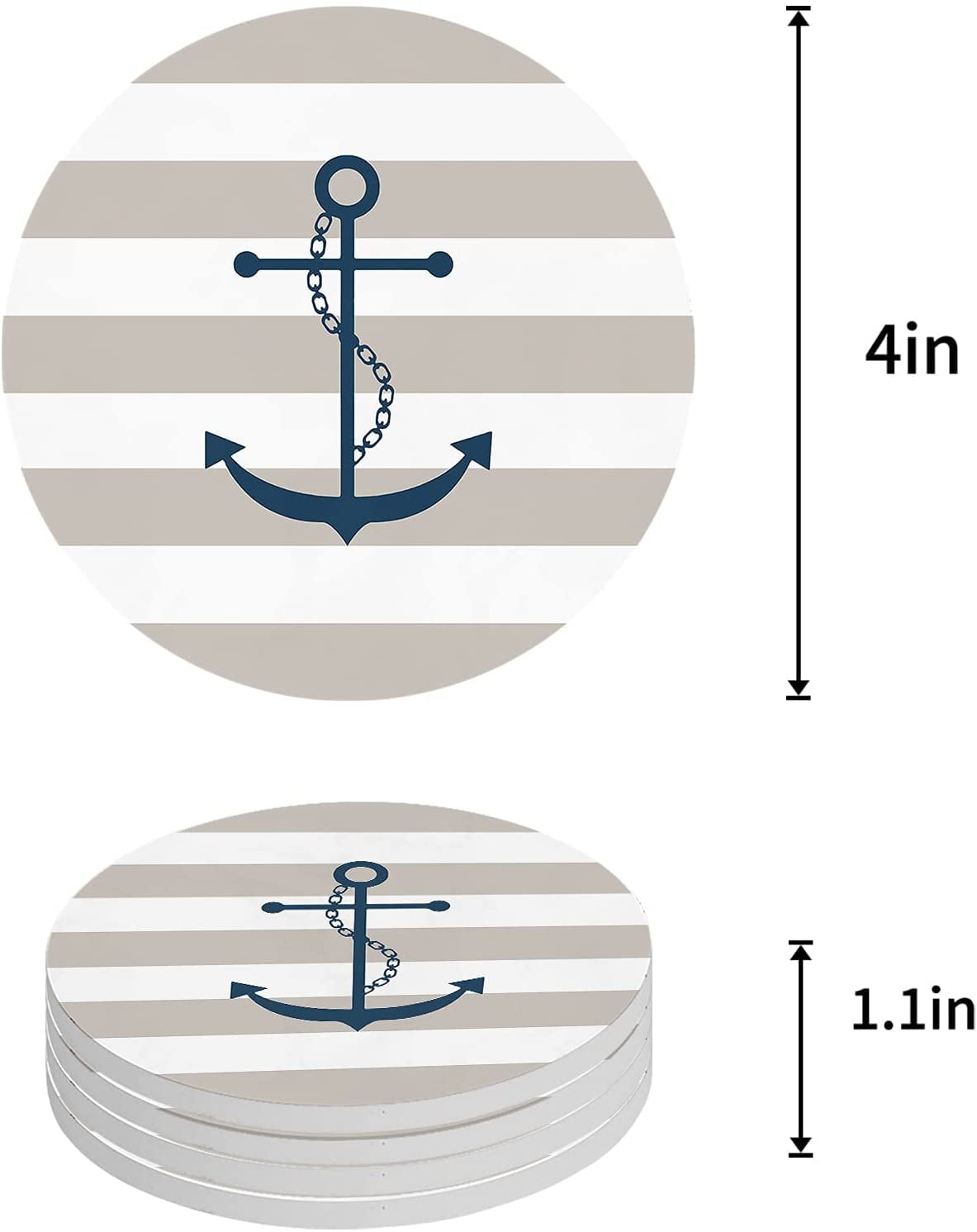 FMSHPON Nautical Theme Anchor Geometric Stripes Set of 4 Round Coaster ...