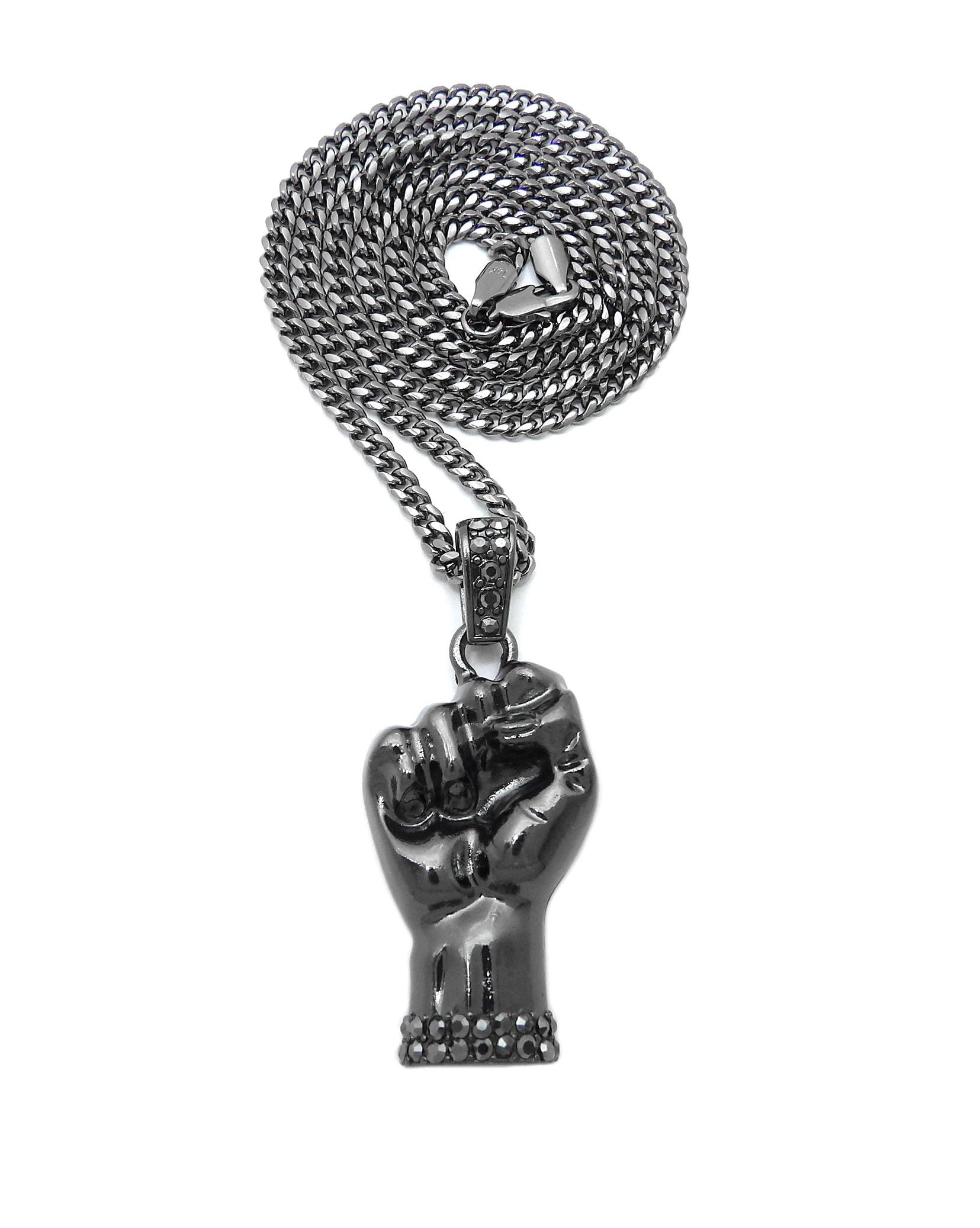 Stud Power Fist Pendant with 3mm Cuban Chain Necklace, Hematite-Tone ...
