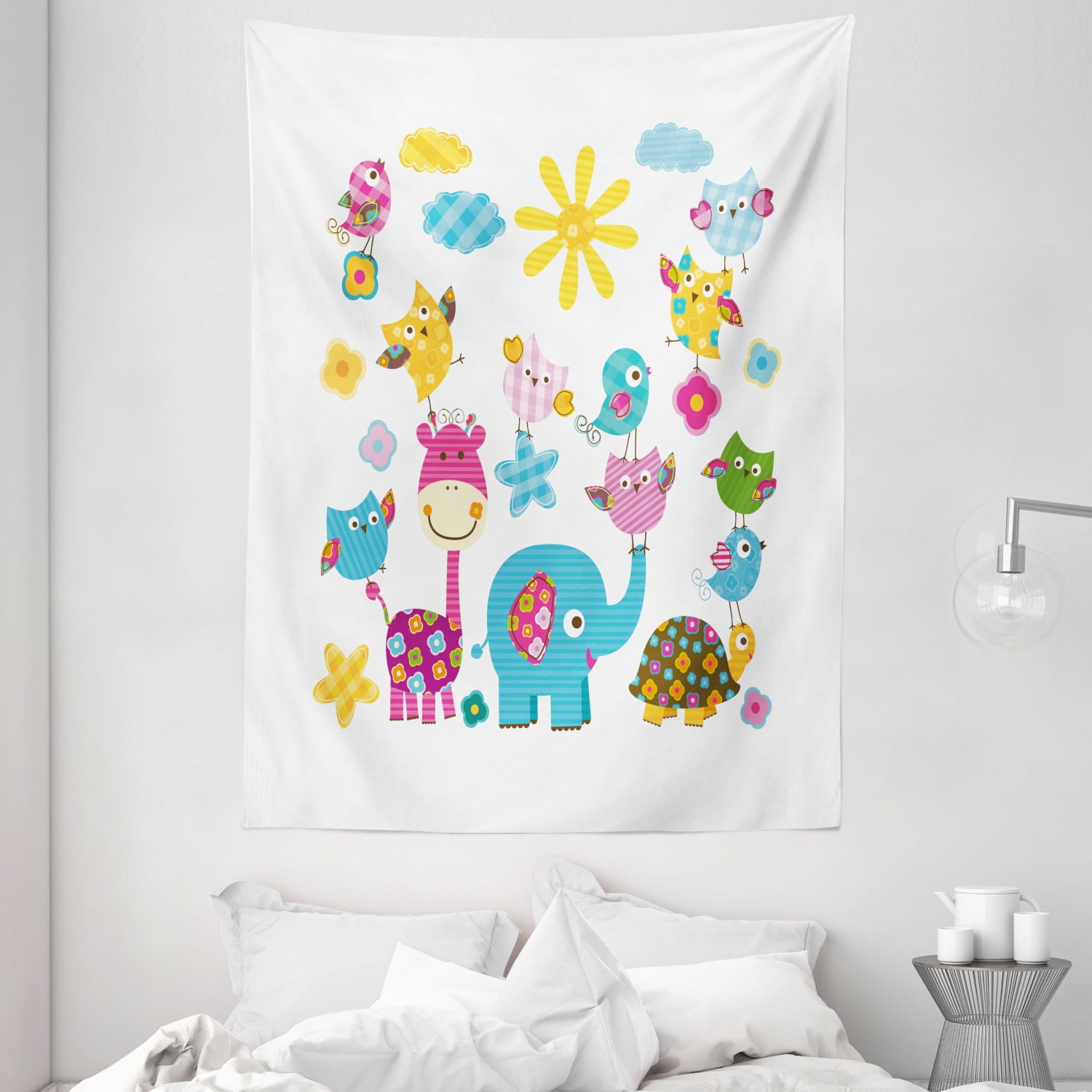 Nursery Tapestry, Cute Animals Cartoon Style Happy Dancing Animals ...
