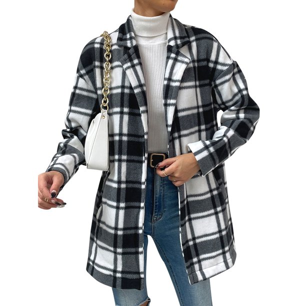 STARVNC Women Lapel Collar Open Front Plaid Pocket Shacket - Walmart.com