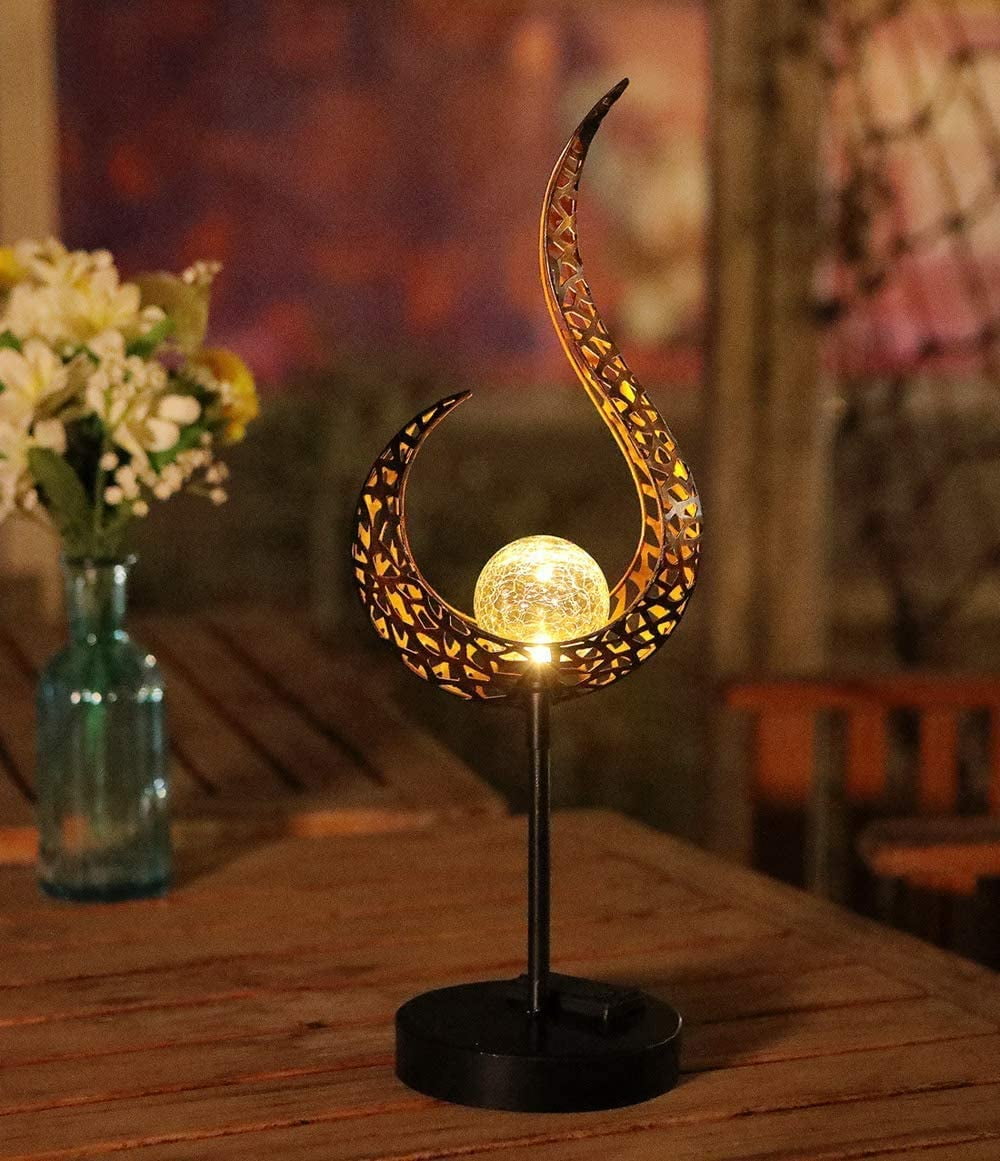 LINLIN Solar Table Lights Moon Shape Crackle Glass Globe Antique Metal ...