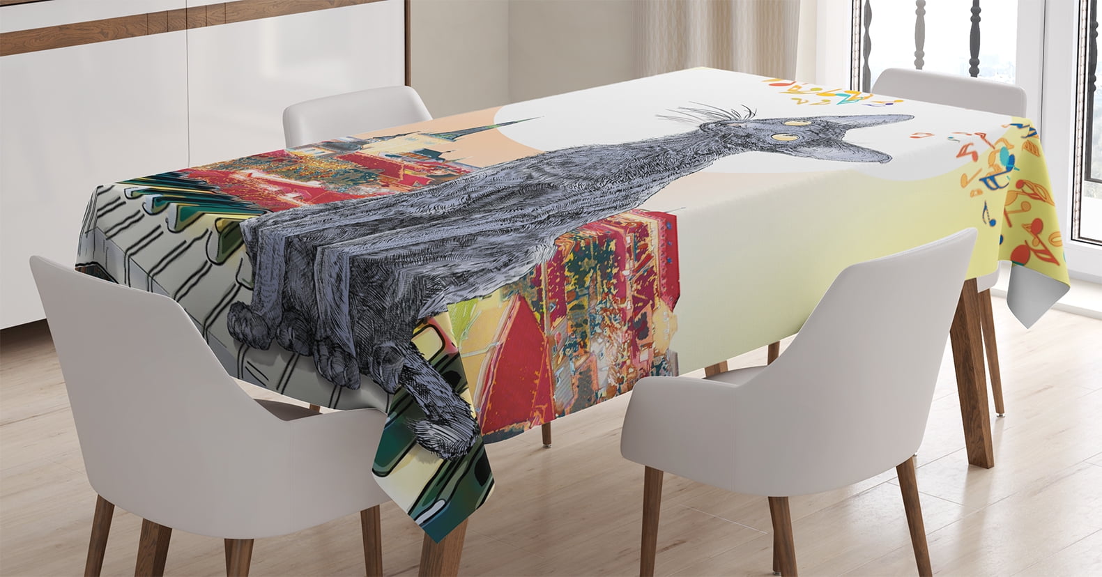 Cat Tablecloth, City Skyline with Moonlight Kitty Singing on Roof Music ...