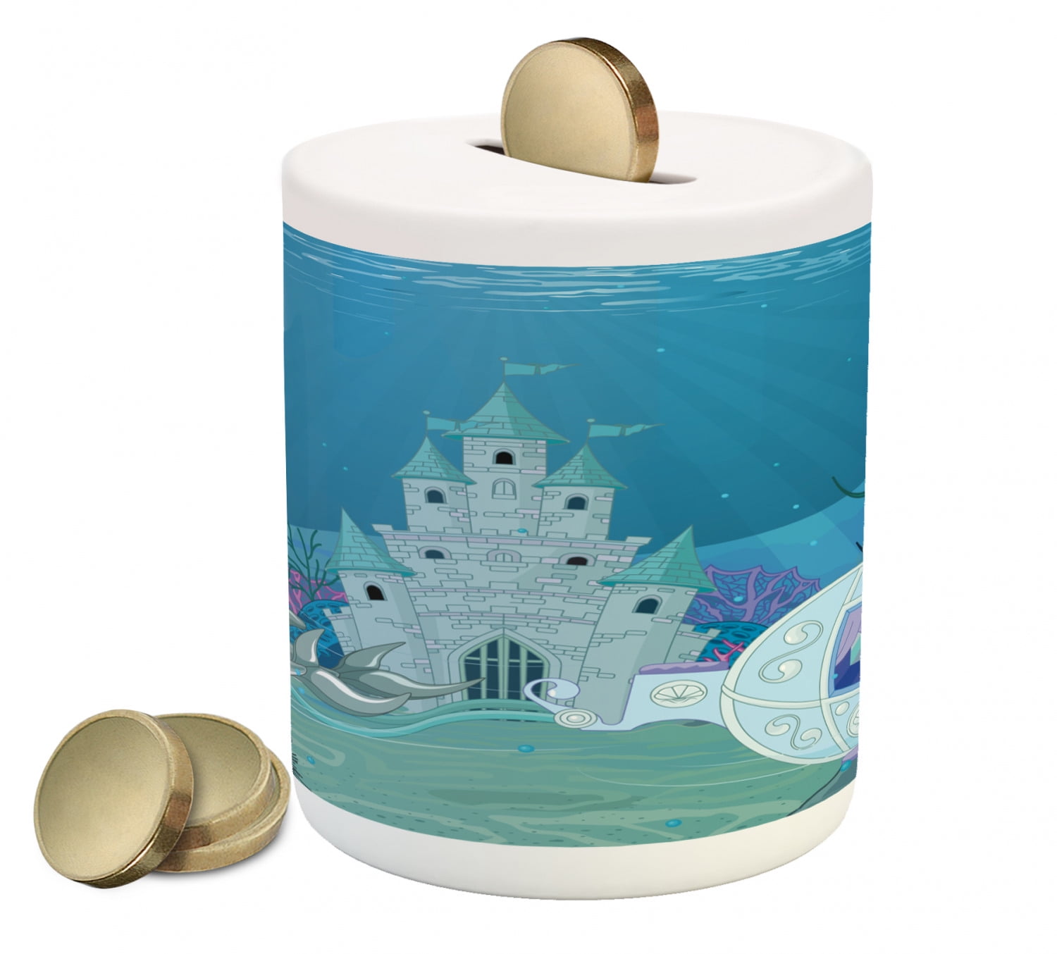 Ocean Piggy Bank, Mermaid Castle with Dolphins Moss Fish Sun Beams Art ...