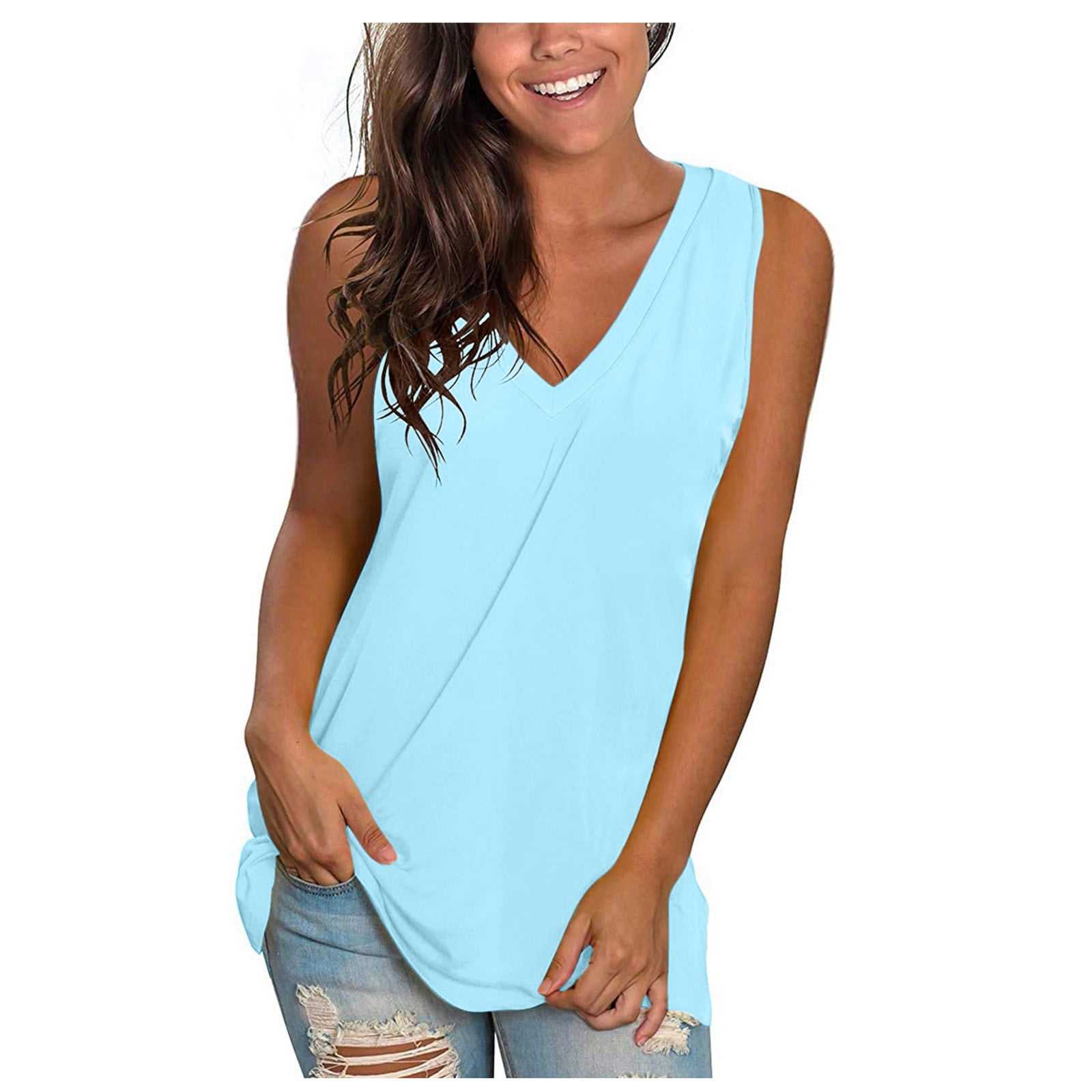Click here for Aqestyerly Womens Solid Color Sleeveless V-Neck T-... prices