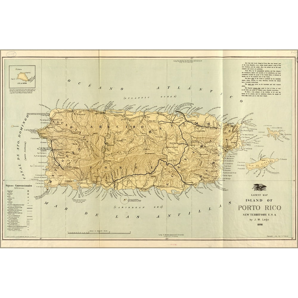 24"x36" Gallery Poster, map of island of Puerto Rico 1898 - Walmart.com ...