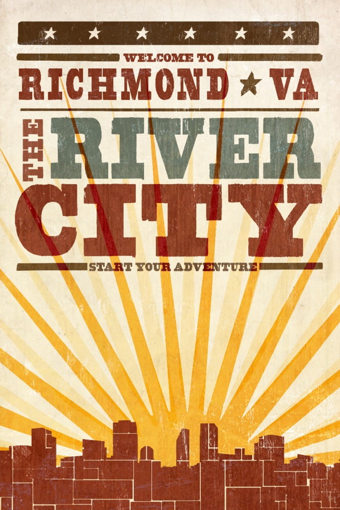 Richmond, Virginia, Skyline and Sunburst Screenprint Style (16x24 ...