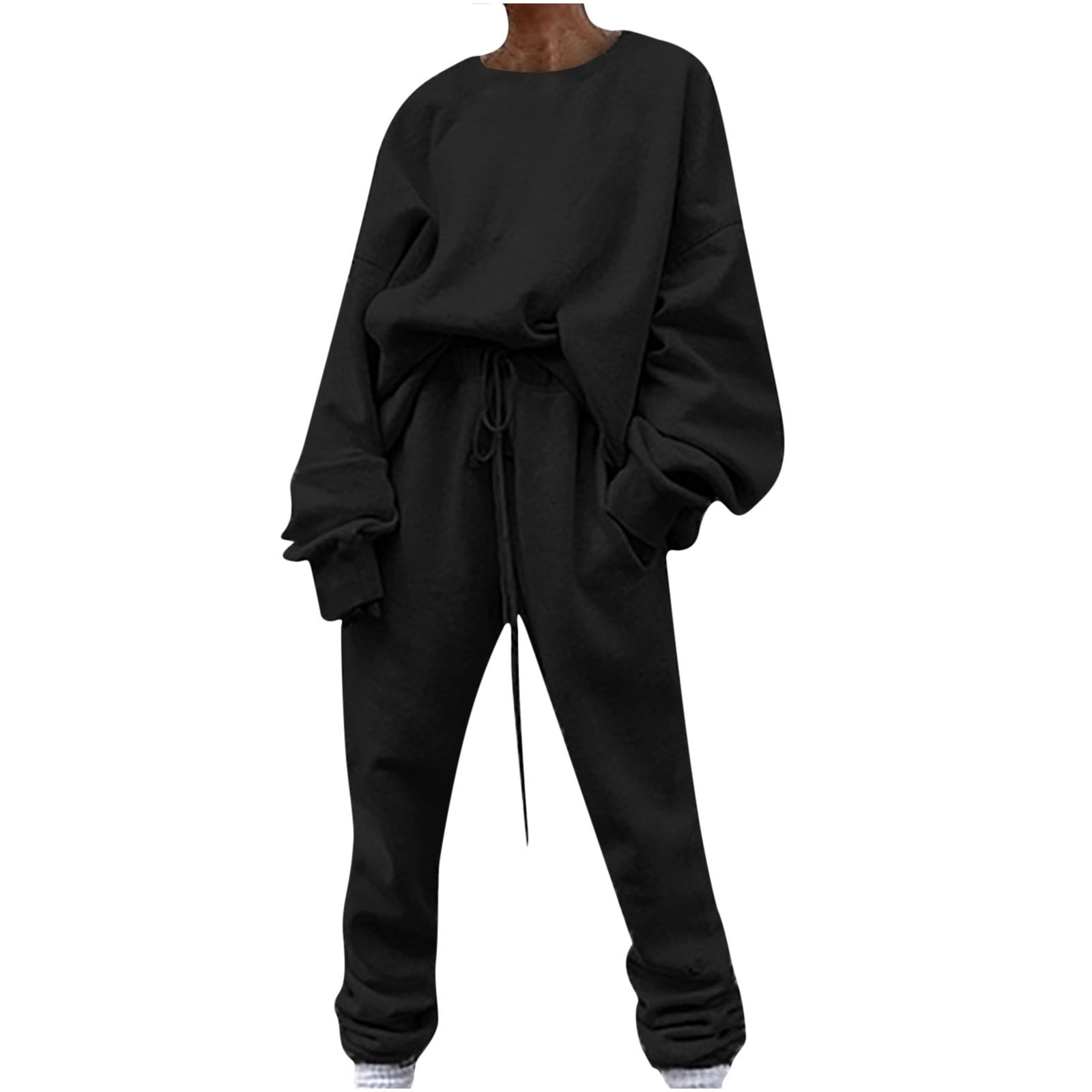 2 Piece Suit Sets for Women Crew Neck Solid Color Long Sleeve Oversized ...