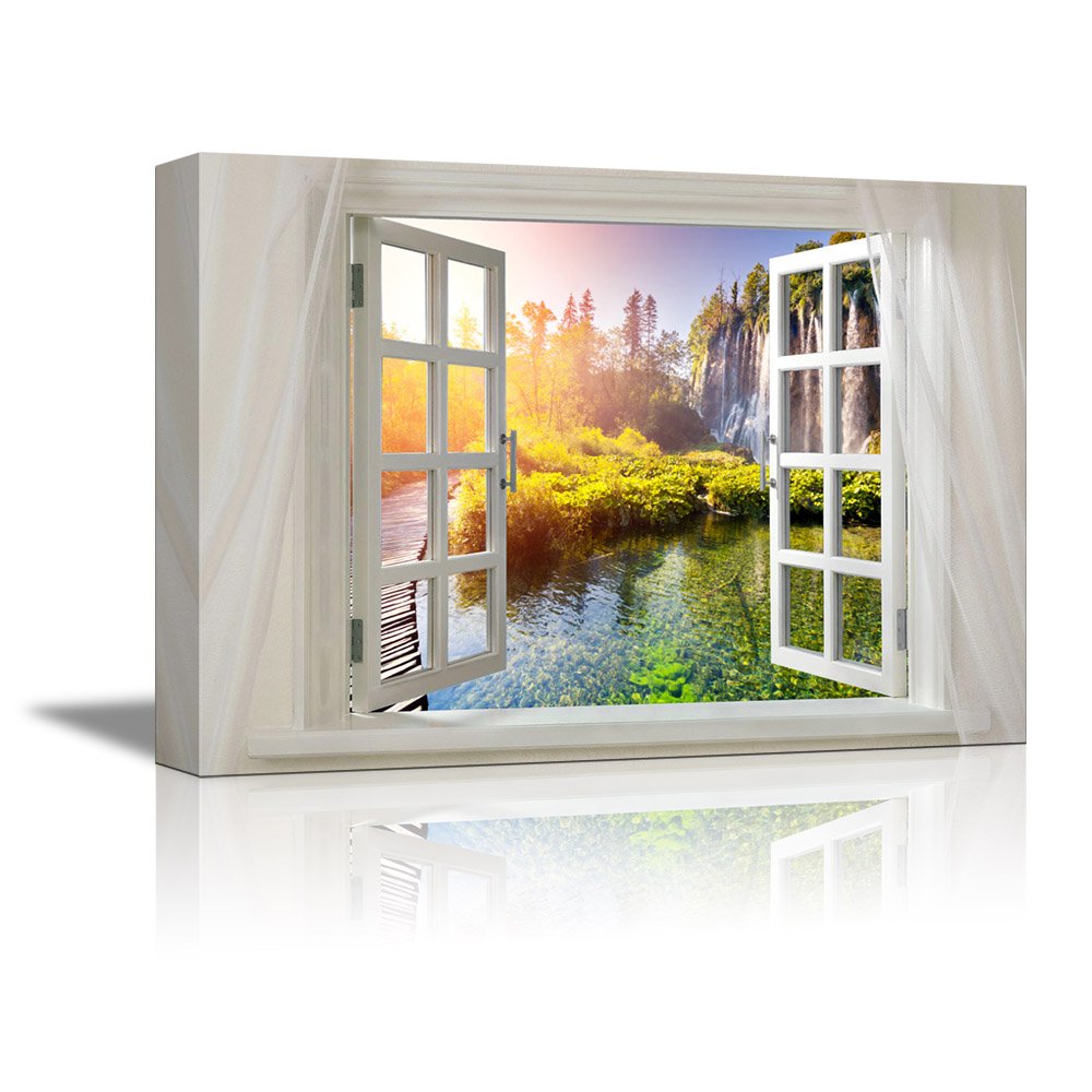 Glimpse into Waterfall in Autumn Out of Open Window Canvas Wall Art ...