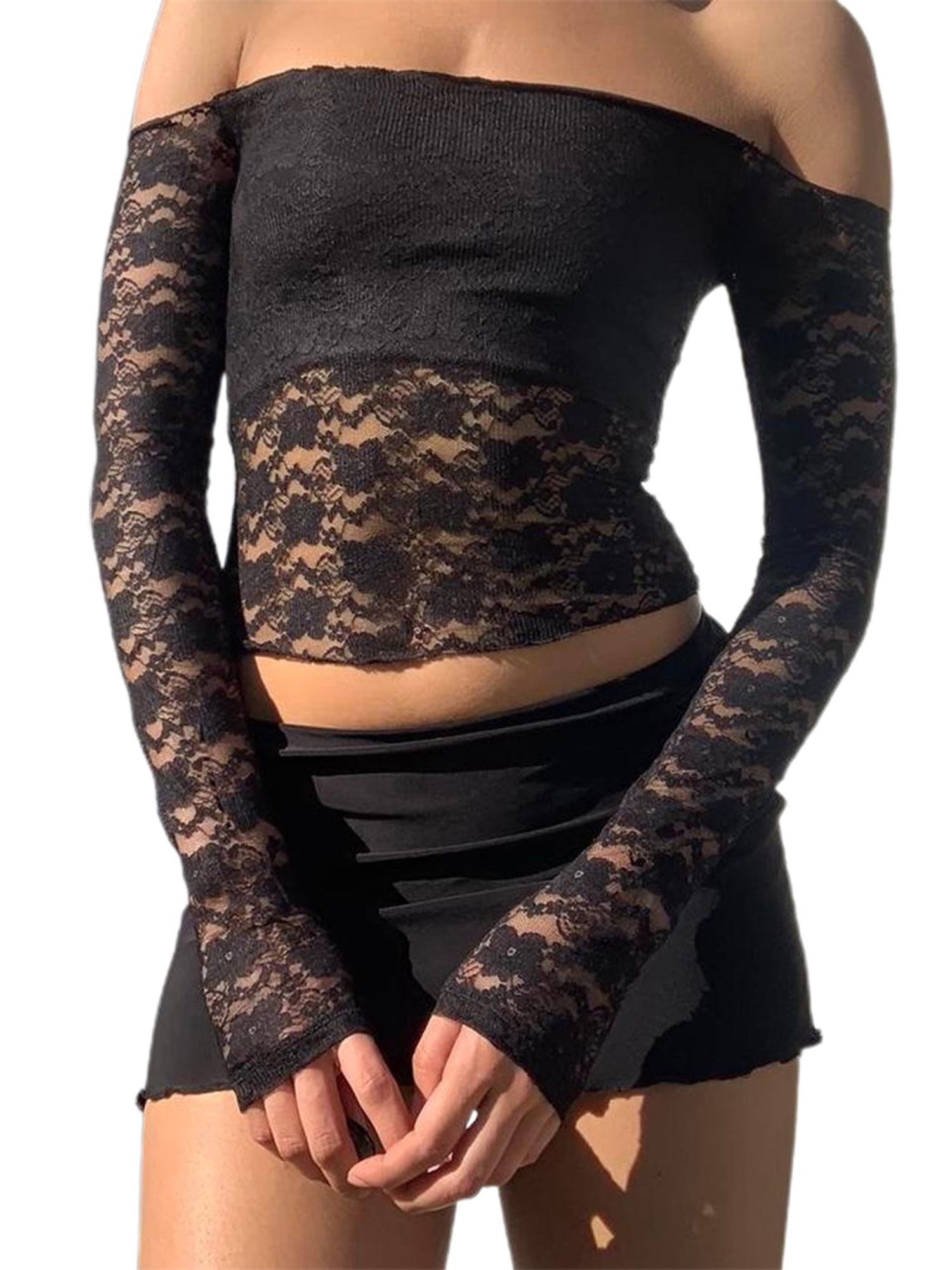 Coduop Women Off Shoulder T Shirtblouses Floral See Through Lace Long
