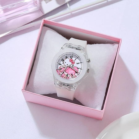 Kids Girls Hello Kitty Cartoon Watch Luminous Led Flashing Silicone ...