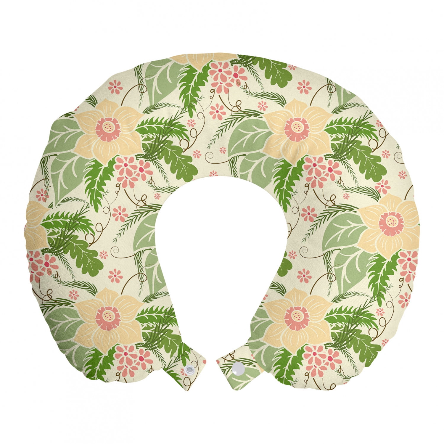 Floral Travel Pillow Neck Rest, Vintage Flowers Pointy Petals Leaves ...