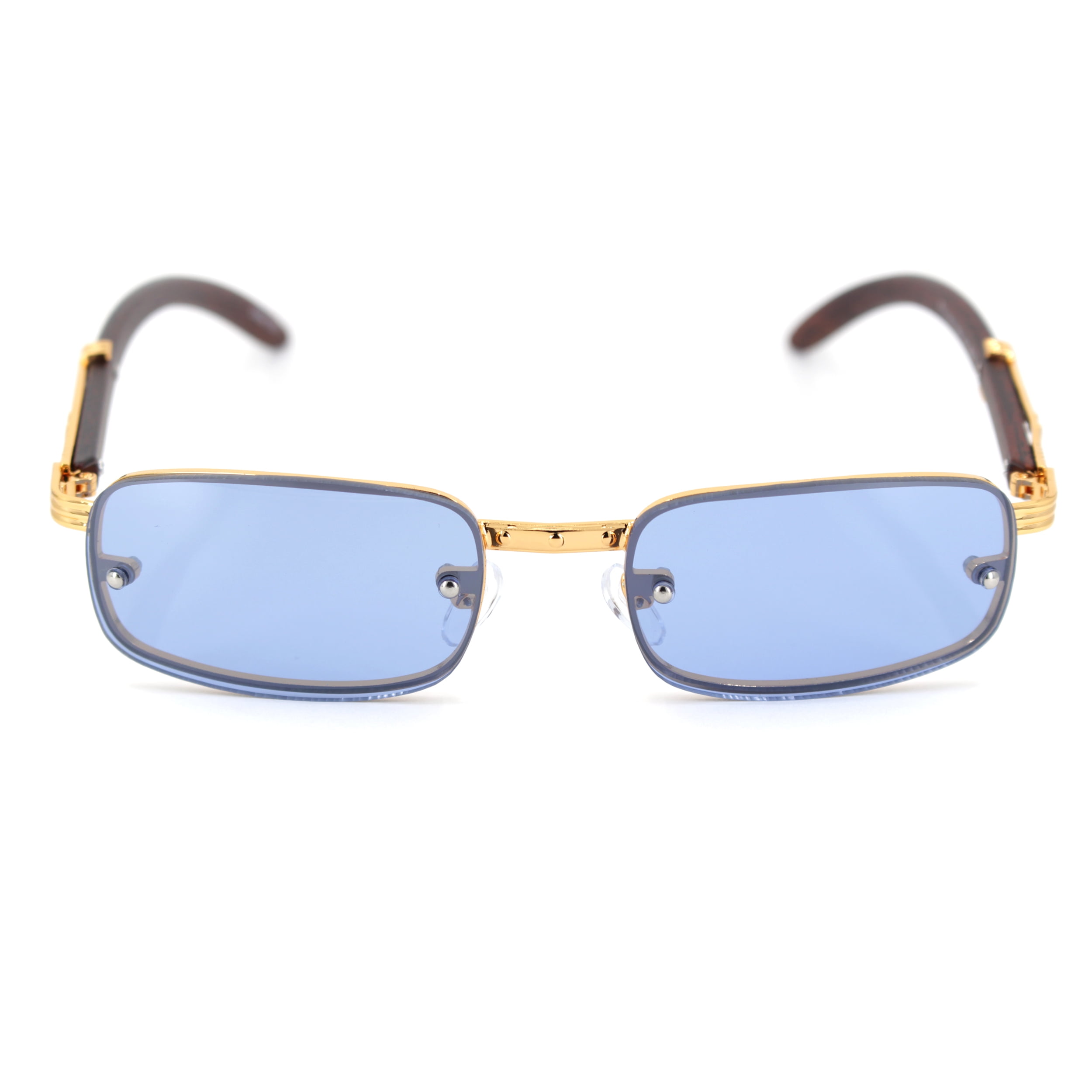 Mens Exposed Lens Narrow Rectangular Hustler OG Sunglasses Gold Blue ...