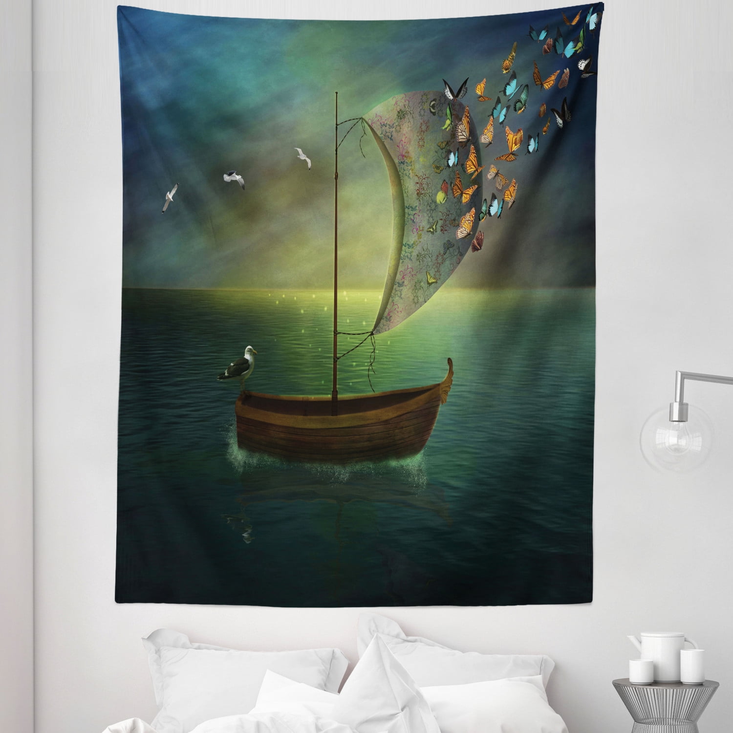 Marine Tapestry, Lonely Boat Sailing in a Calm Sea with Butterflies ...