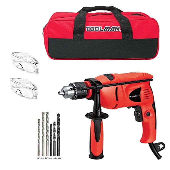 Toolman Electric Power Drill Driver 1/2'' 6.4A 3000RPM 10pcs with drills and goggles, tool bag ...