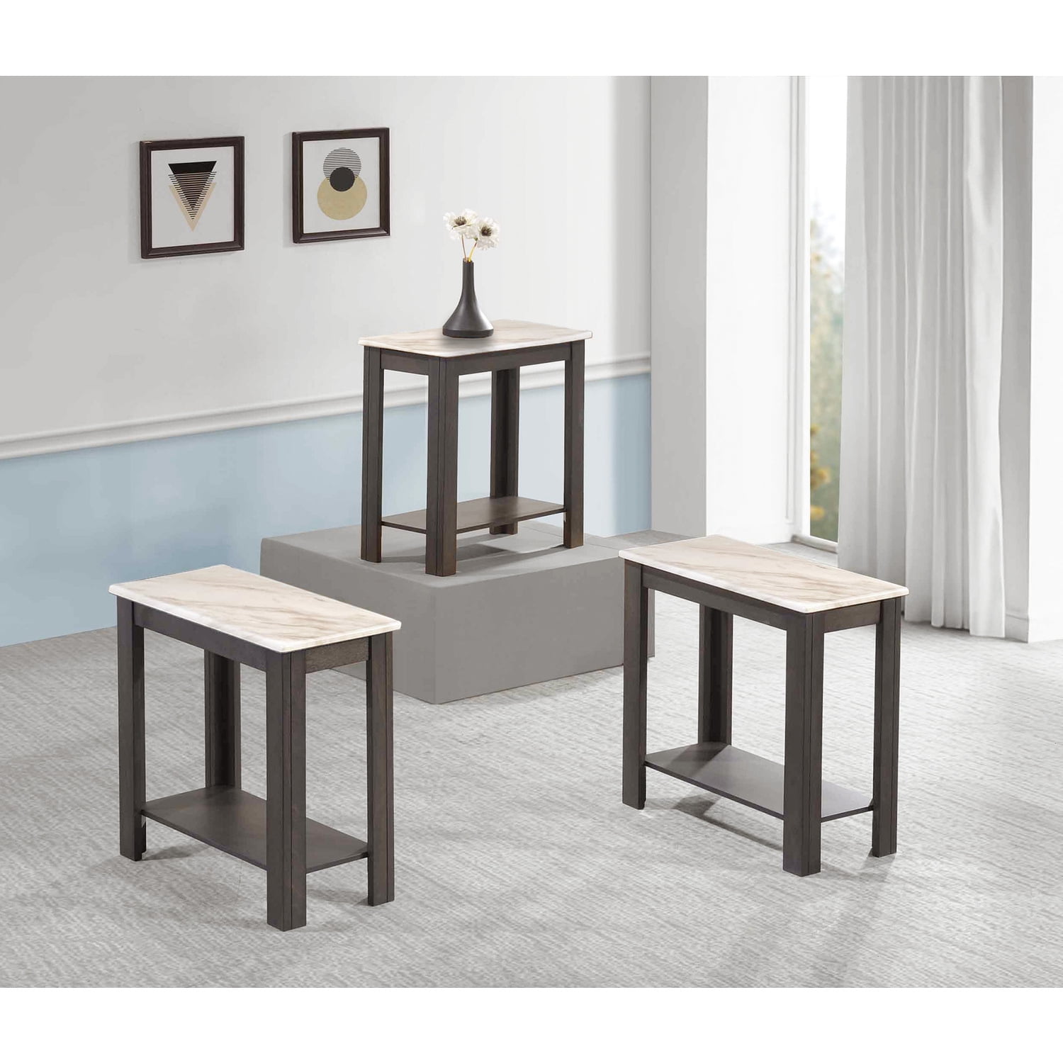 Poundex Furniture Wood End Table with Marble Style Veneer Top in White ...