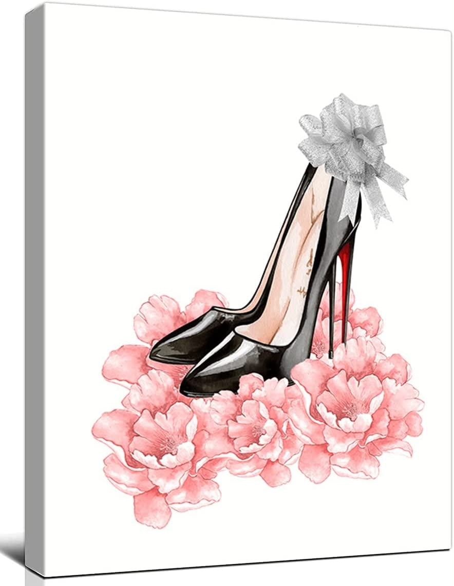 Room Decor for Women Pink Art Fashion High Heels Flower Canvas Prints ...