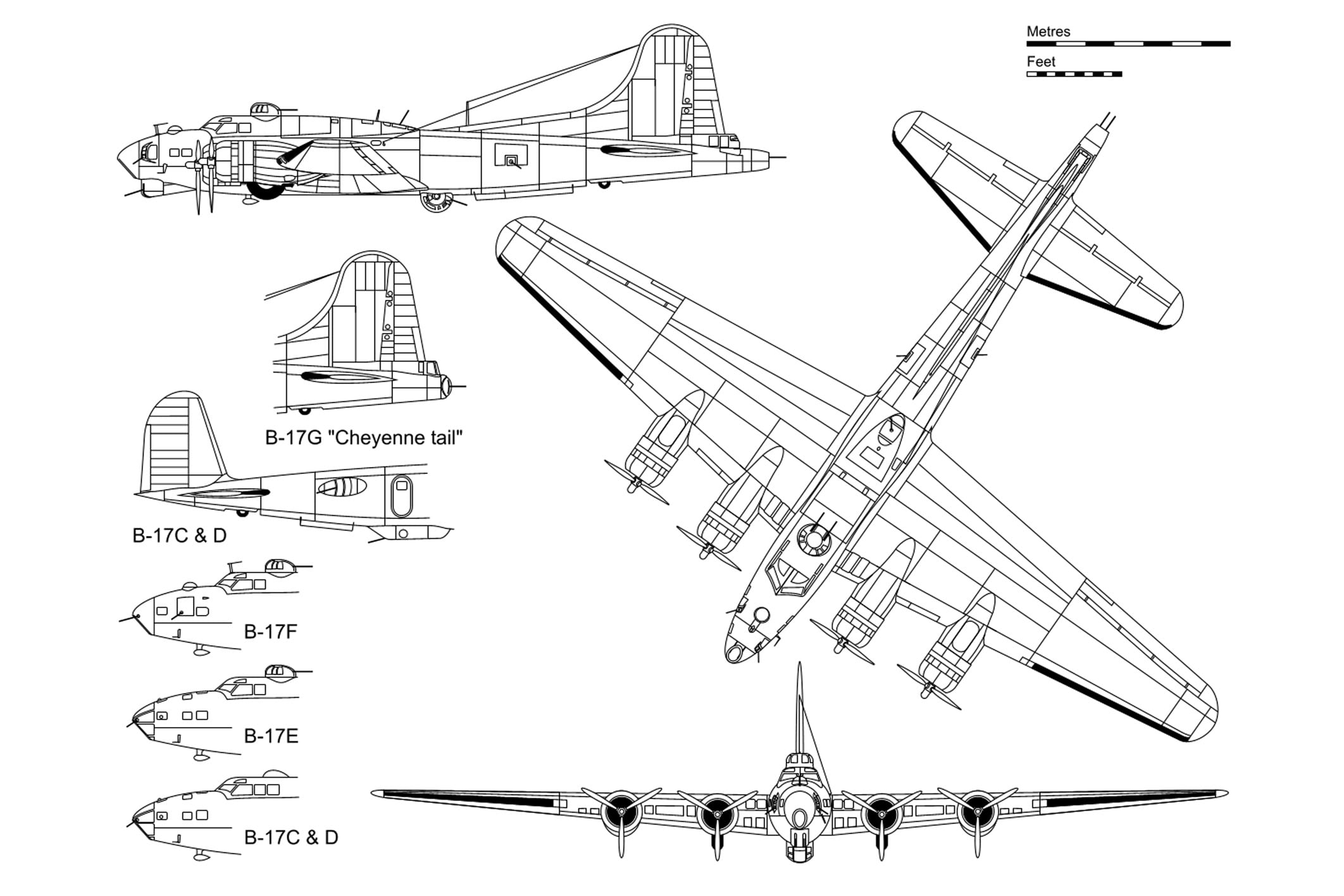 24x36 gallery poster, 3-view projection of a B-17G B-17 Flying Fortress ...