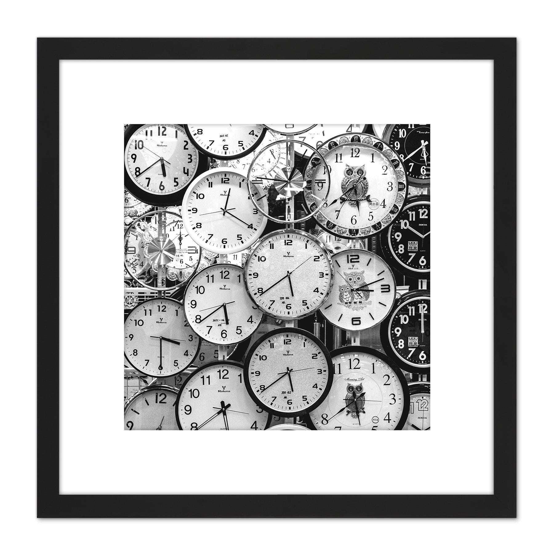 Clock Faces Time Black White Photo 8X8 Inch Square Wooden Framed Wall ...