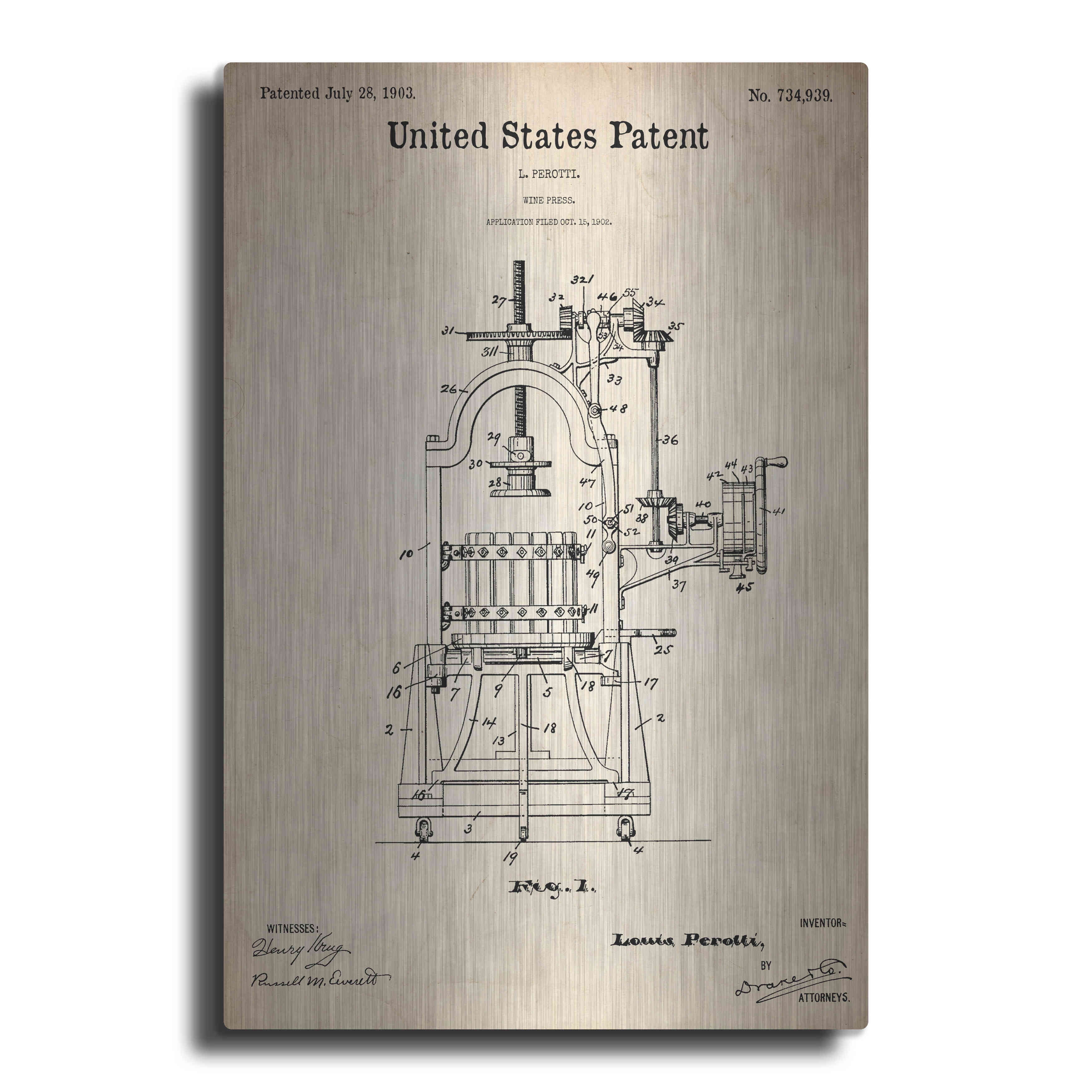 Luxe Metal Art 'Wine Press Blueprint Patent Parchment,' Metal Wall Art ...
