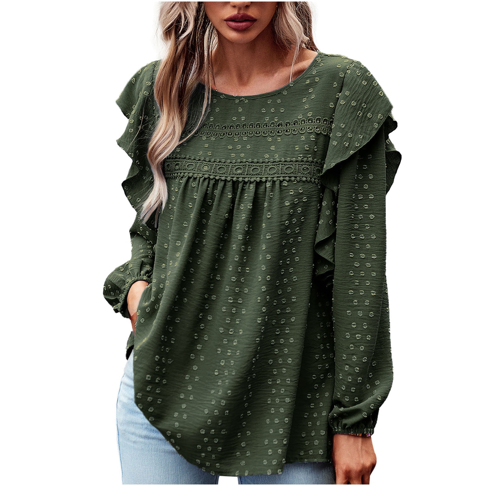 XFLWAM Women's Swiss Dot Ruffle Tops Lace Crochet Crewneck Puff Long ...