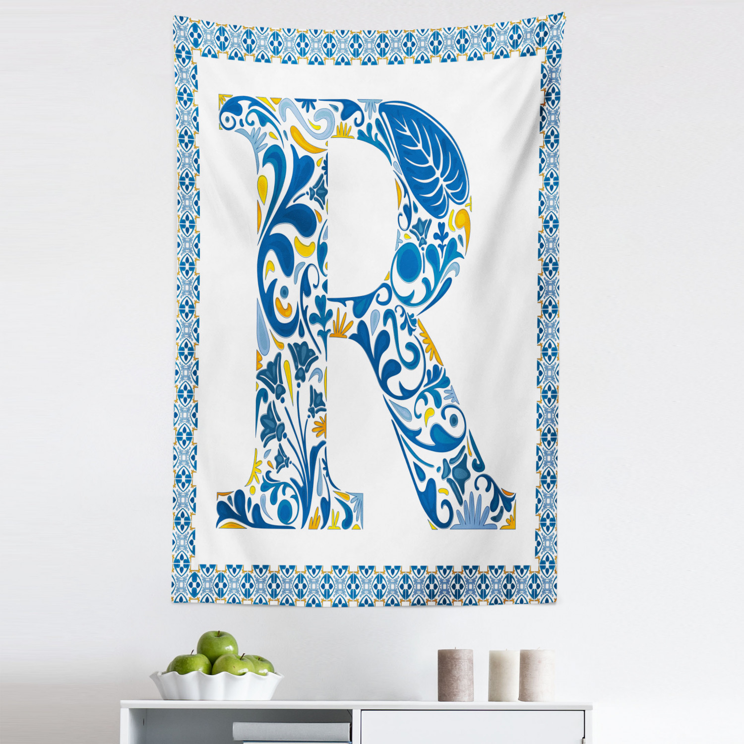 Letter R Tapestry, Curly Blossoms Motifs Letter R Vintage Traditional Tiles Graphic, Fabric Wall ...