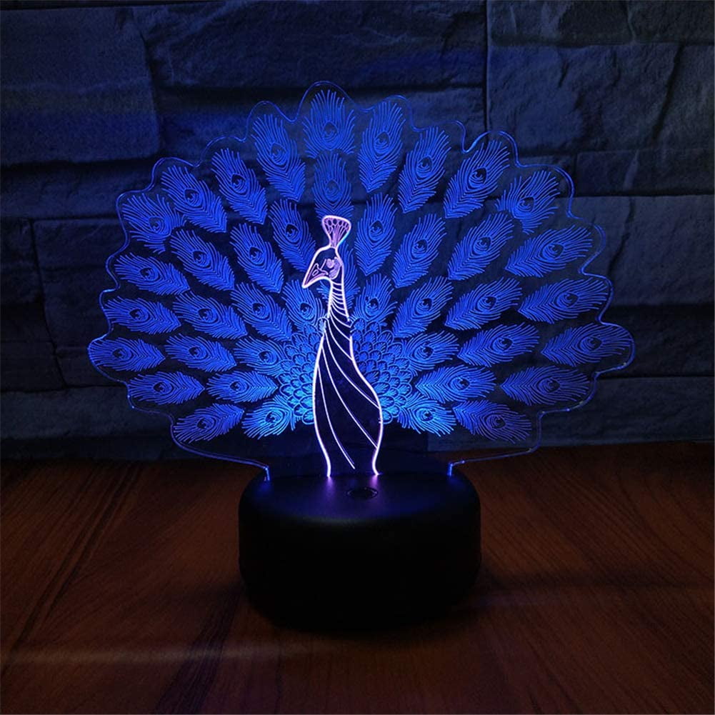 YSITIAN Lifelike 3D Illusion Peacock Opening Feather 3D LED Night Light ...