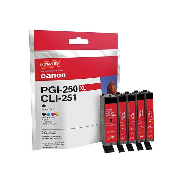 Staples Reman Inkjet Cart Canon PGI-250XL Blk HiYld & CLI-251 B/C/M/Y 5 ...
