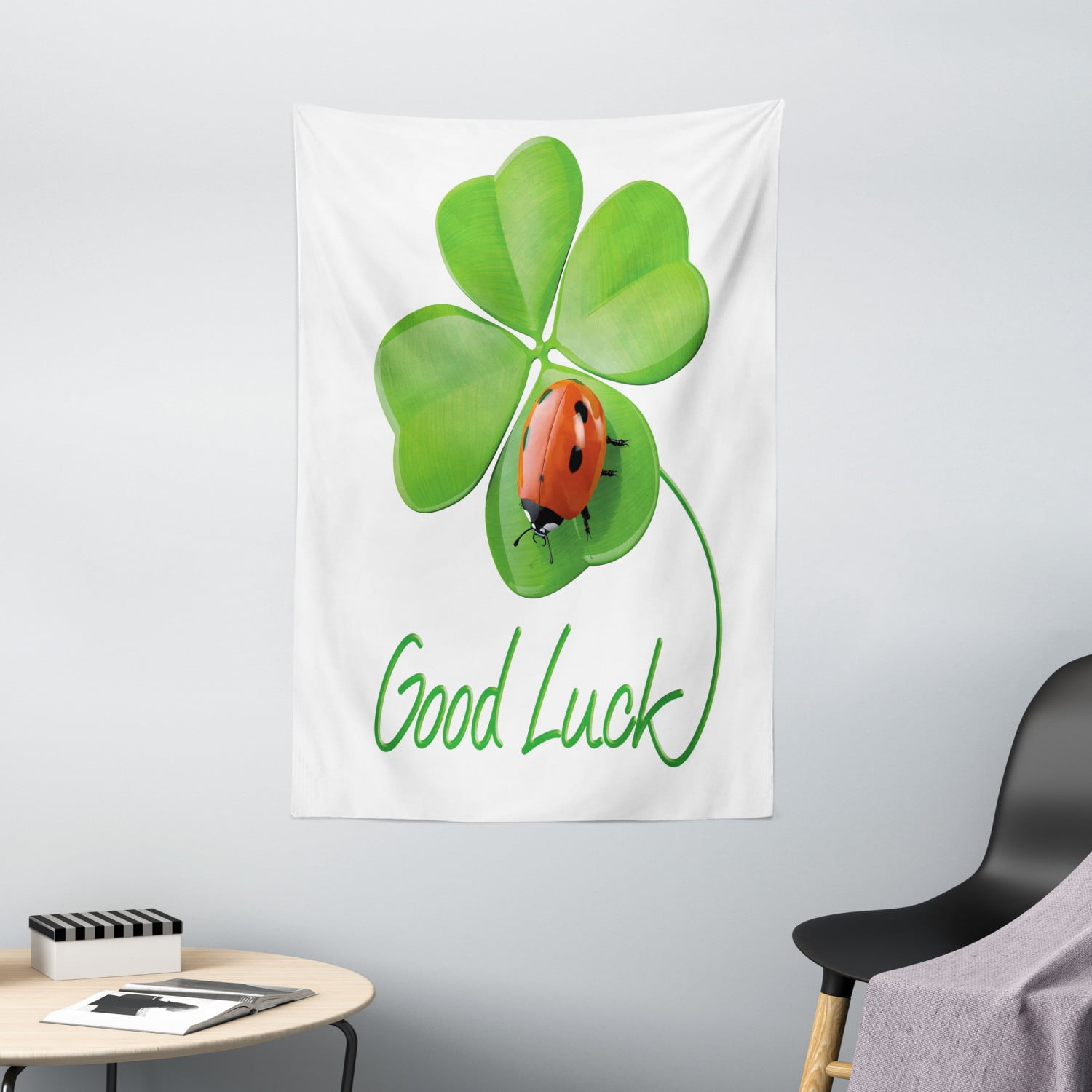Going Away Party Tapestry, Lucky Symbols Four Leaf Clover with Ladybug ...