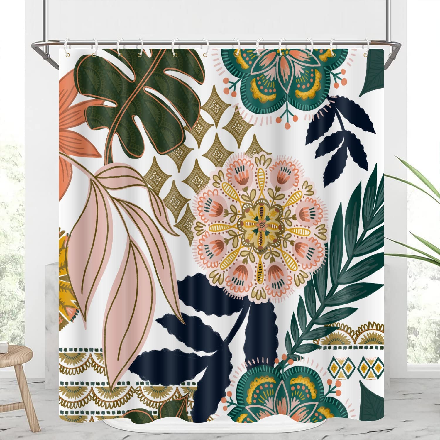 Boho Floral Shower Curtain 72 X 72 Inch Abstract Plant Leaves Flowers