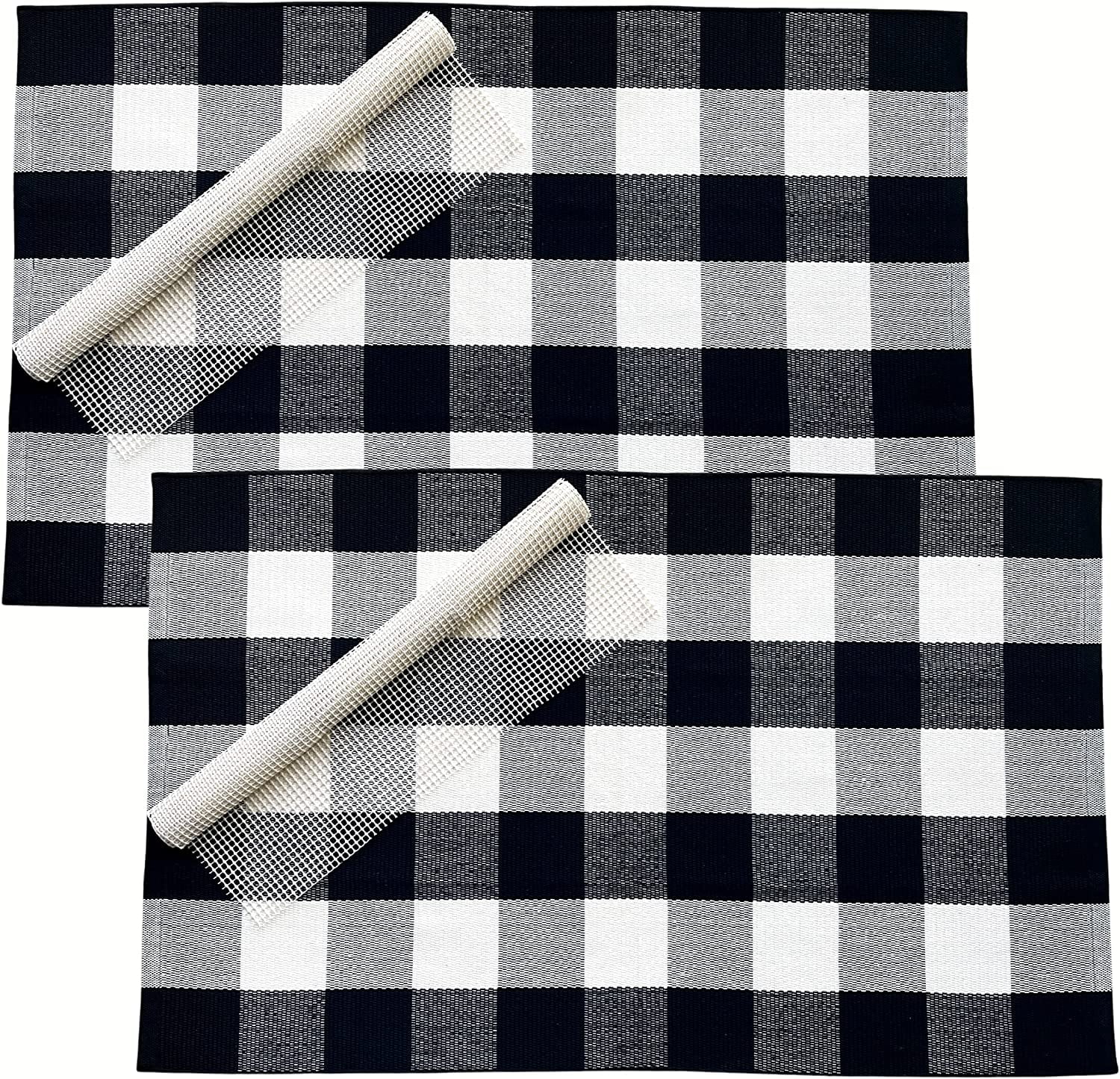 Pack of 2 Buffalo Plaid Outdoor Layering Rug with Anti Slip Mat-Black ...