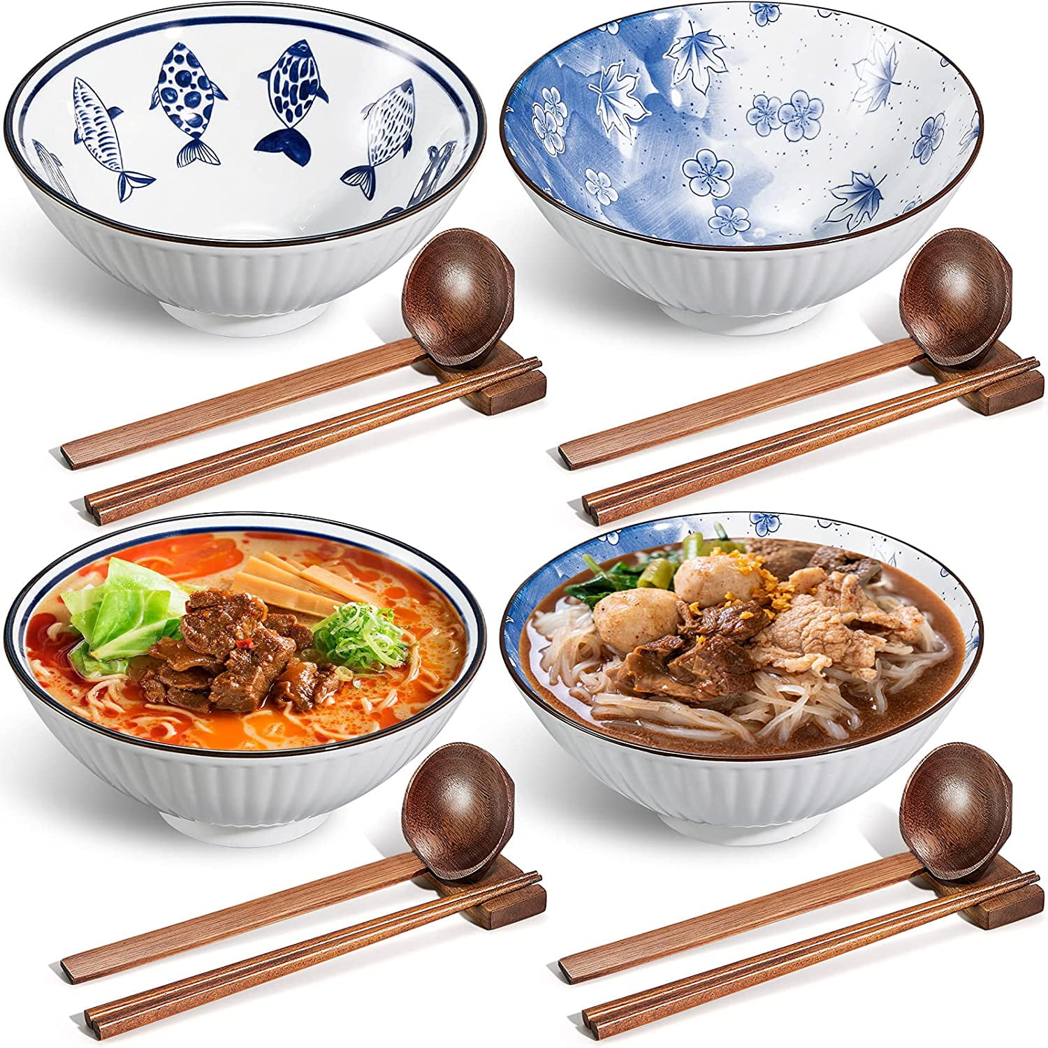 4 Sets Ceramic Japanese Ramen Bowls 40 Ounce Large Ceramic Noodle ...