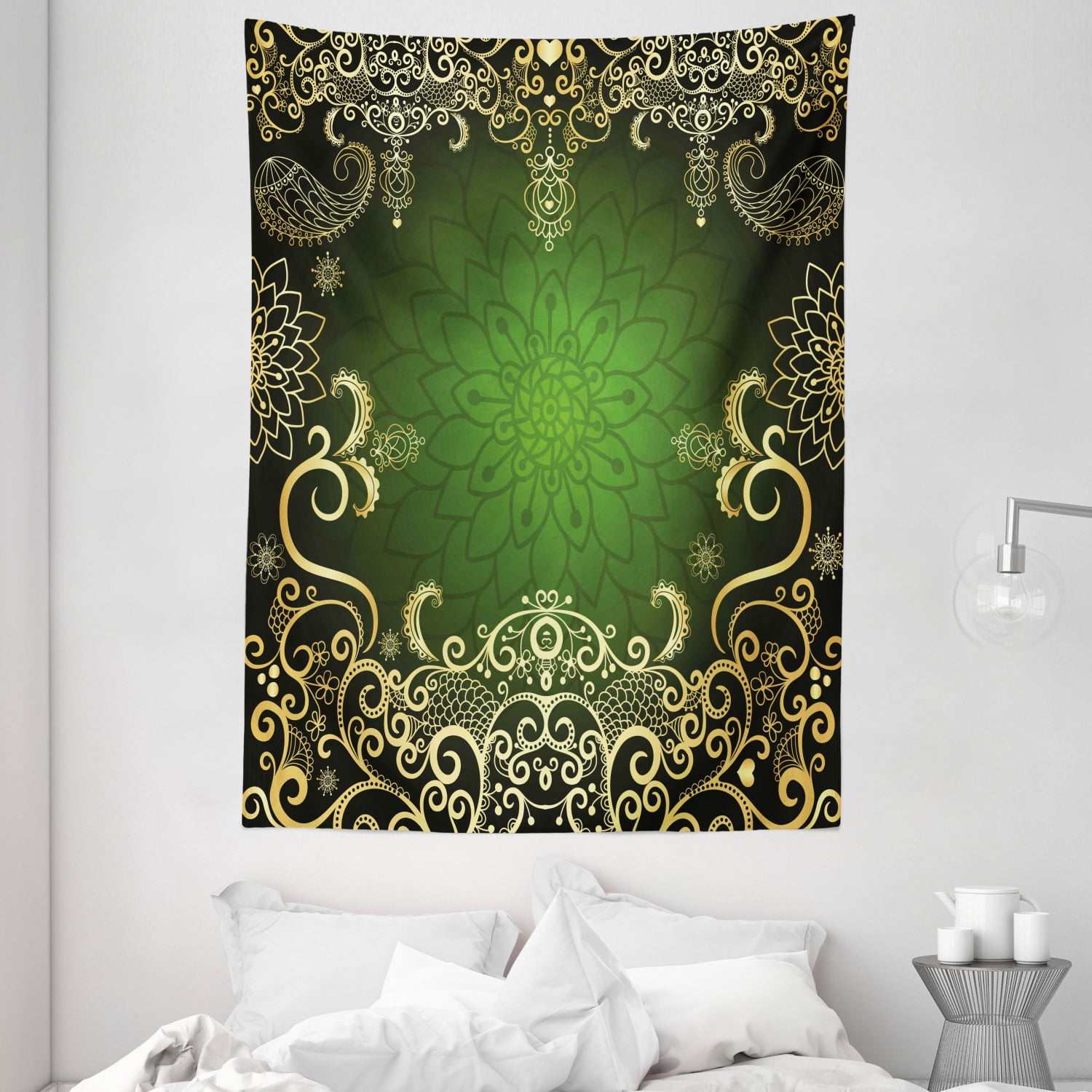 Gold Mandala Tapestry, Arabesque Luxurious Frame Lotus Shade Floral ...