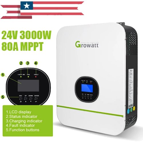 Growatt 24V 3000W 120V/240V Split Phase Solar Inverter Built-in 80A MPPT Solar Charge Controller ...