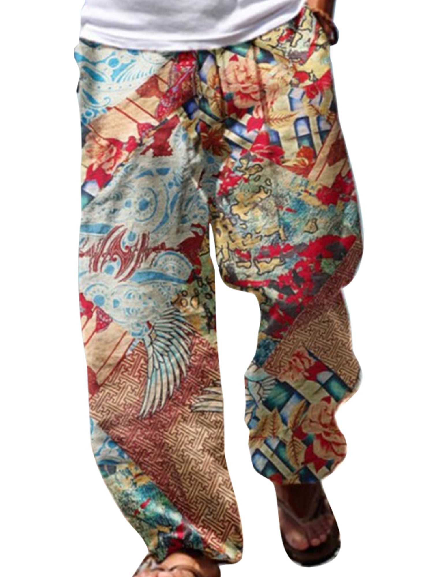 Frontwalk Mens Leisure Floral Print Bottoms Elastic Waist Casual Loungewear Men Drawstring Yoga