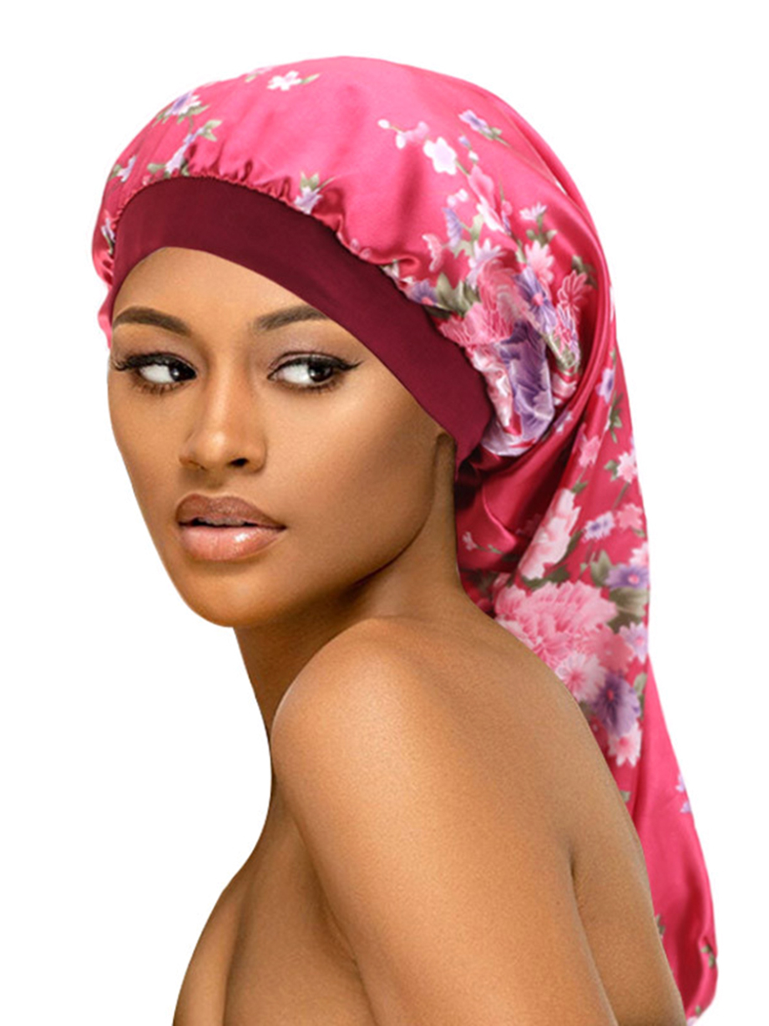 JBEELATE Floral Satin Long Bonnet Hair Styling Cap Long Hair Care Women ...