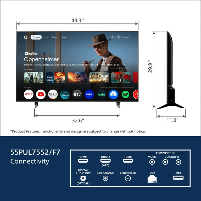 Philips 55" Class 4K Ultra HD (2160p) Google Smart LED, 10/18/2023