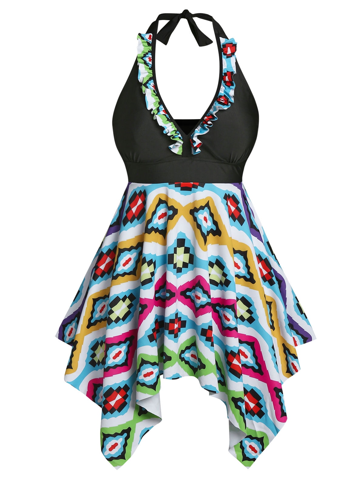 Rosegal Women Plus Size Colorful Print Ruffle Handkerchief Tankini ...