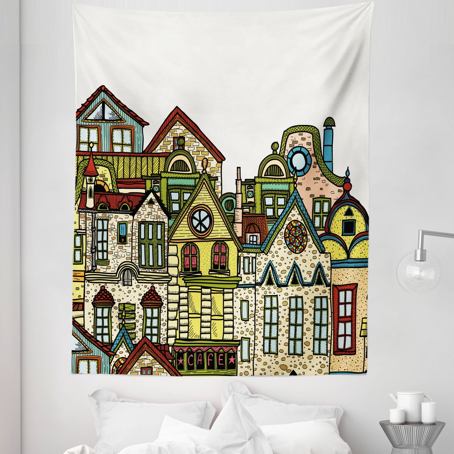 Cartoon Tapestry, Old Town Retro Art with Colorful Apartments Building ...