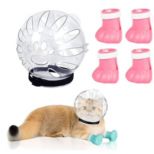 Cat Muzzle and Boots, Cat Breathable Bubble Helmet Hood and 4-Pack ...