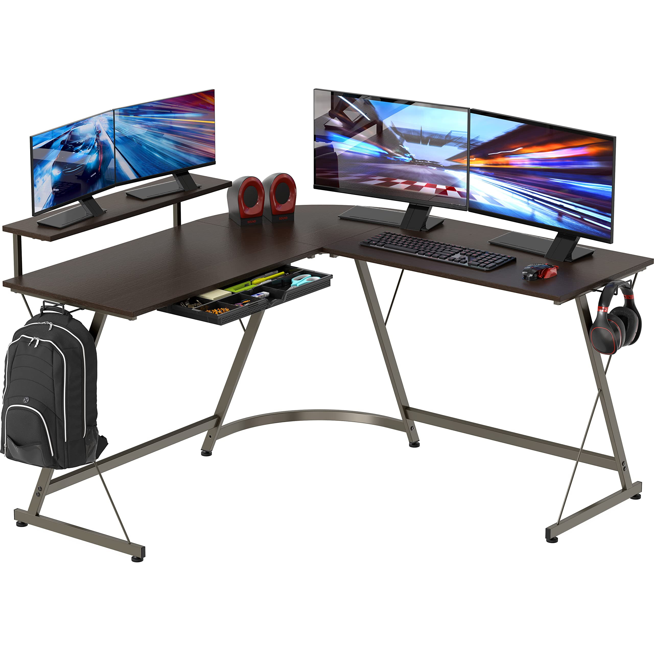 SHW Vista L Desk with Monitor Stand Drawer, Espresso - Walmart.com