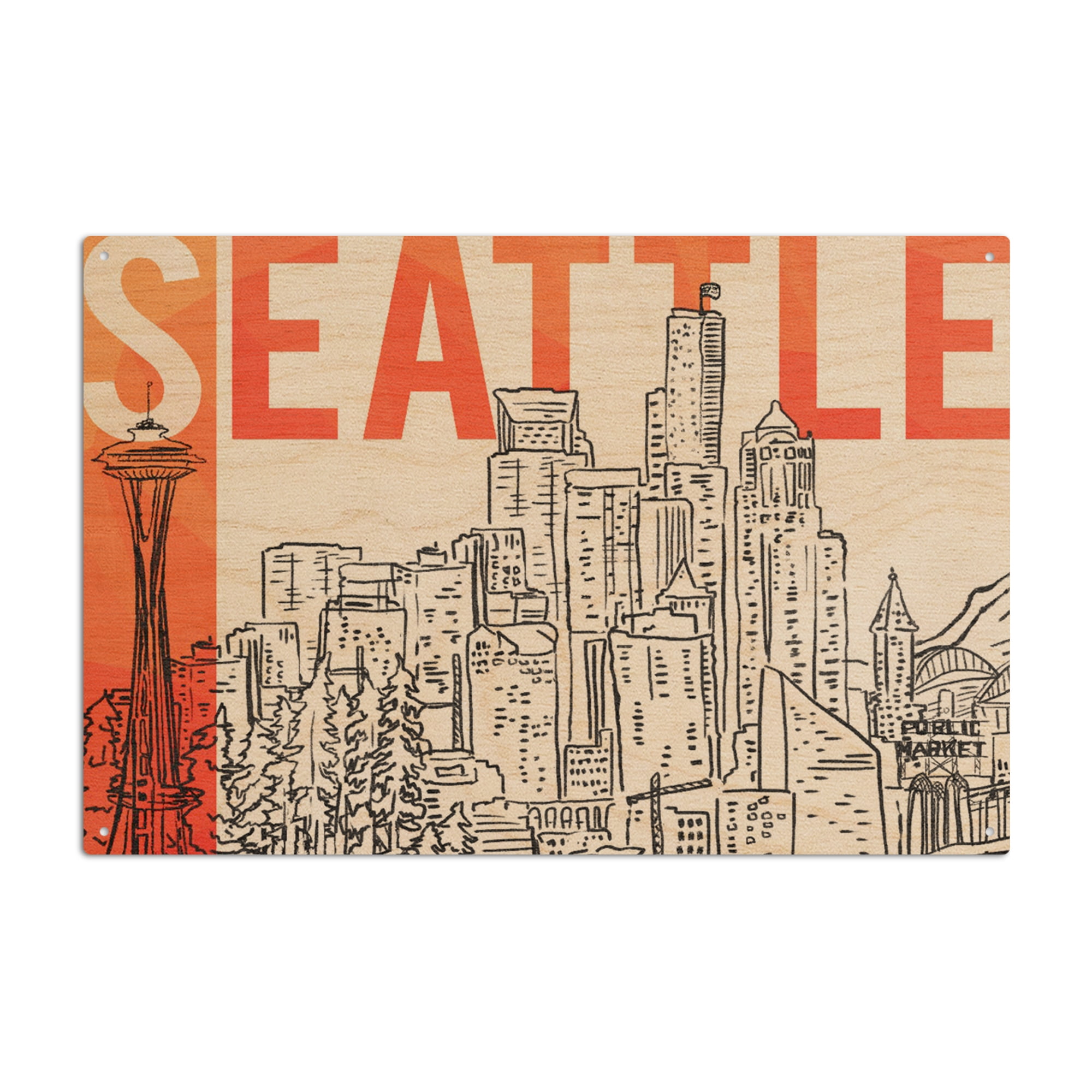 Seattle, Washington, Line Drawing, Modern Birch Wood Wall Sign (6x9 ...