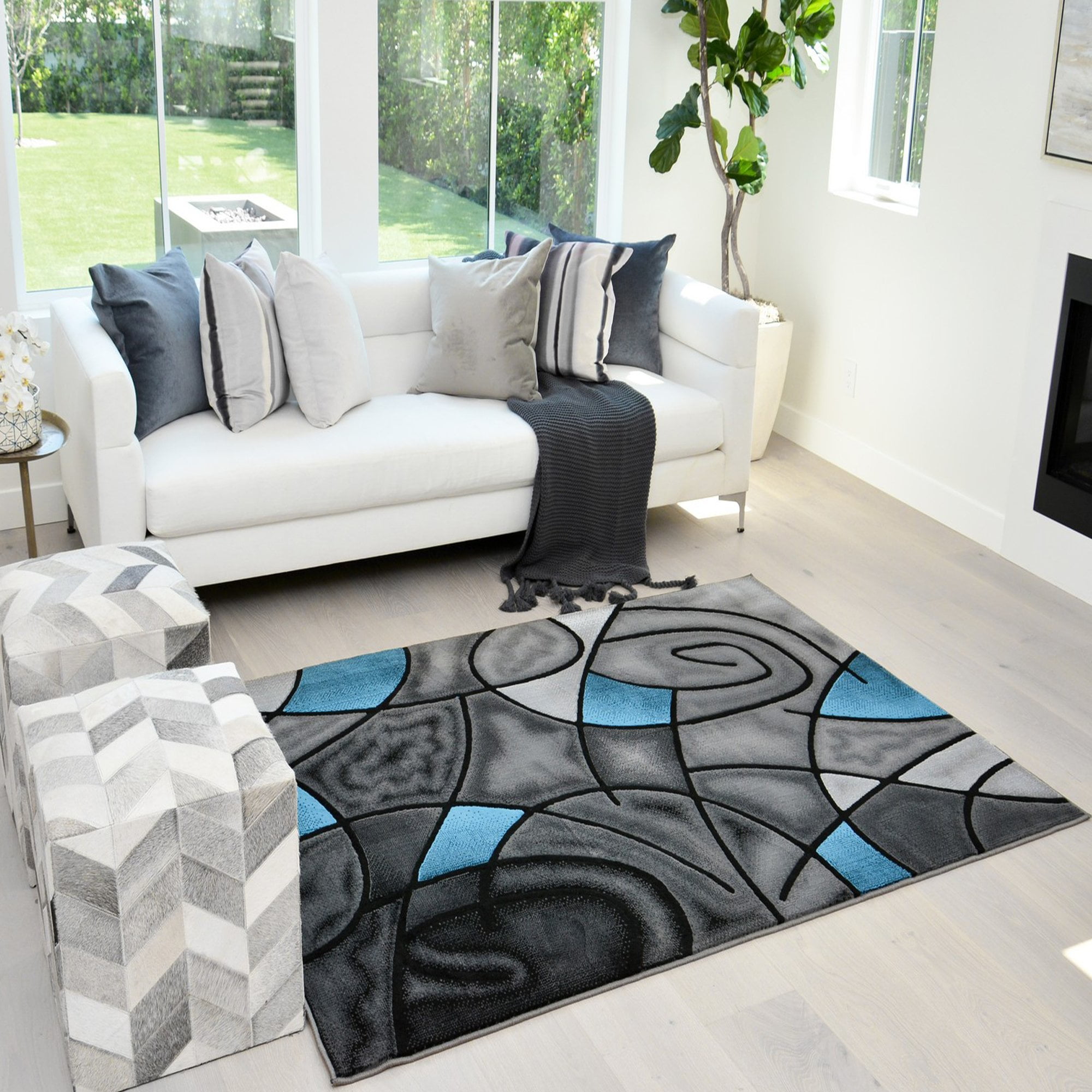 Blue/Grey/Silver/Black/Abstract Area Rug Modern Contemporary Circles ...
