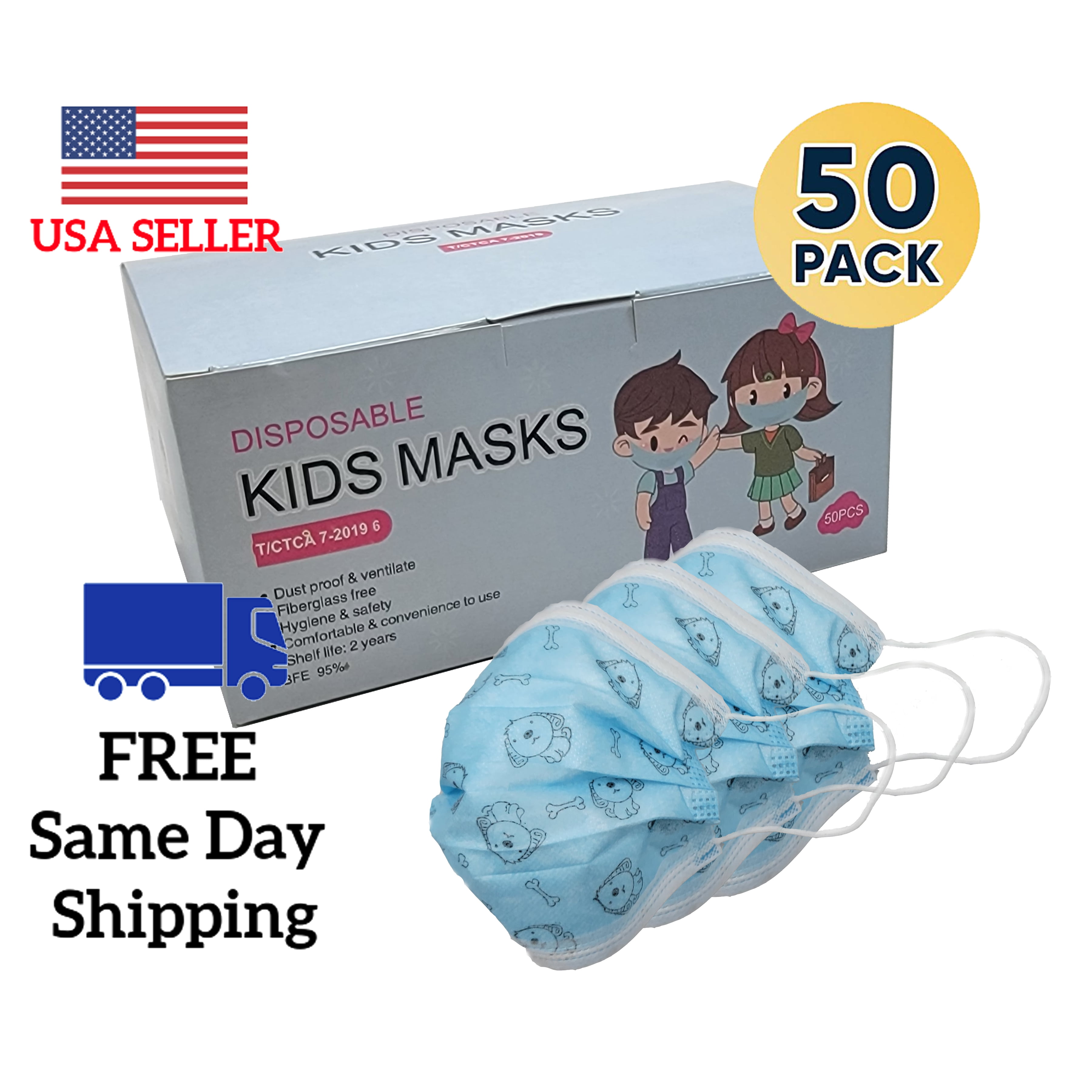 50 Pieces Blue Pattern Kids 3Ply Surgical Procedural Dental Style ...