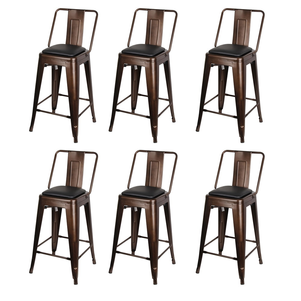 Leejay Coffee 24 inch High Back Counter Height Metal Barstool with Vegan Leather Seat, Set of 6 ...